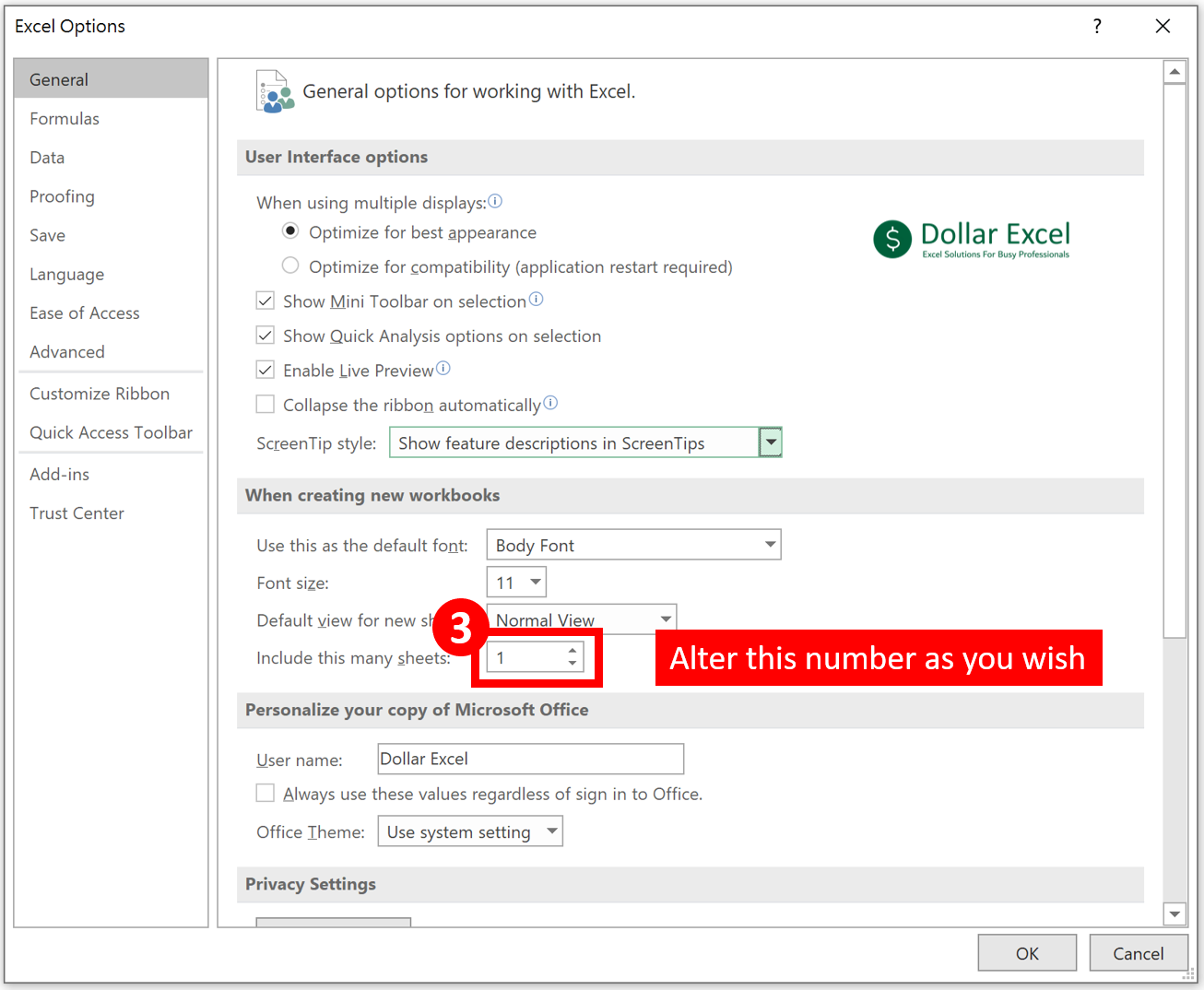 How To Change Default Number Of Sheets In Excel | Dollar Excel