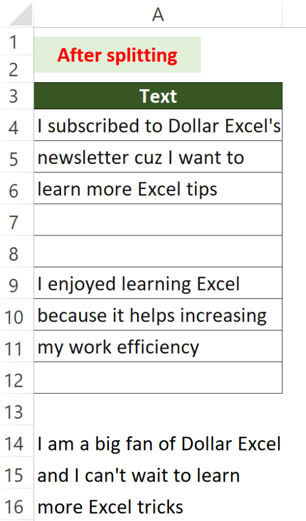 Excel Split Long Text into Short Cell Without Splitting Word